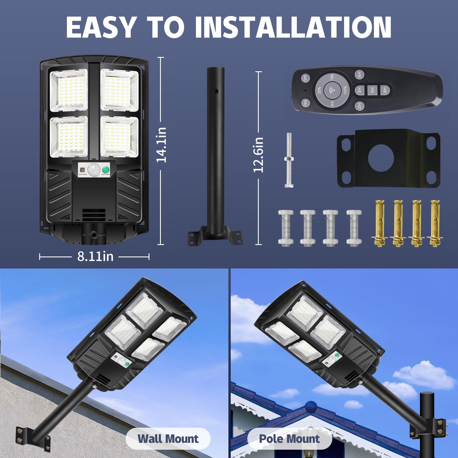 megarte Solar Street Lights Outdoor - 400W Solar Parking Lot Lights, 7000K LED Solar Lights, Motion Sensor, IP65 Waterproof, Dusk to Dawn Solar Lights with Remote Control - 1 Pack