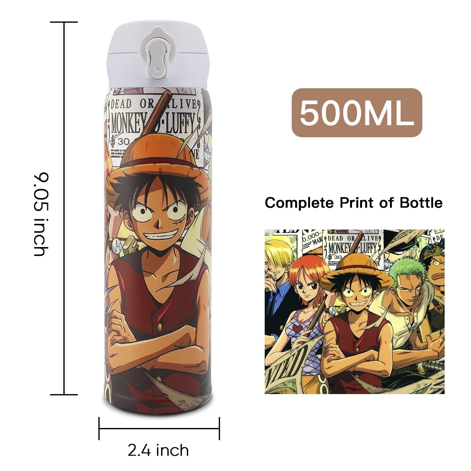 CNEISEJK Anime Piece Water Bottle, 16.9oz Vacuum Insulated Luffy Zoro Stainless Steel Cup Thermoses with Locking Cover Leak-Proof Design, 500ML, Orange