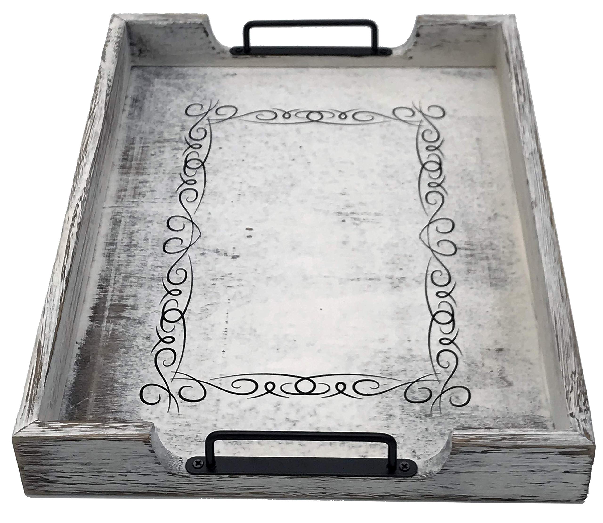 Booleaf Serving Tray, Authentic Paulownia Wood, Sturdy Black Metal Handles - Heart Swirl Design