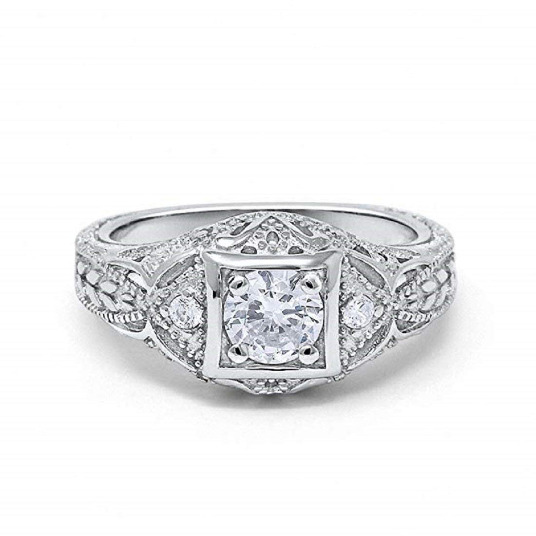 Blue Apple Co. Art Deco Antique Style Wedding Engagement Ring Simulated Round Cubic Zirconia 925 Sterling Silver, Size - 8