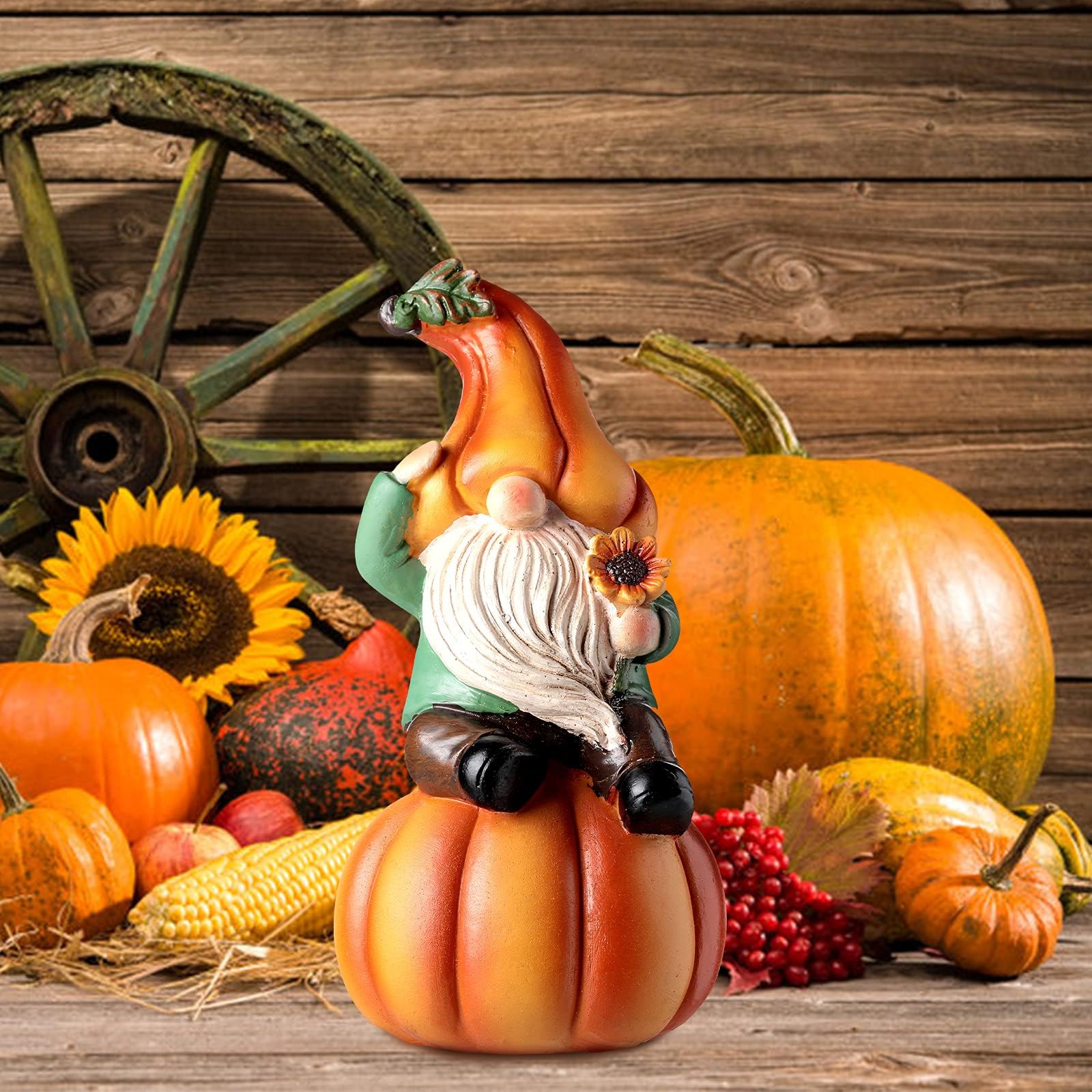 Jetec Fall Gnomes Statue Decor, Thanksgiving Gnome Pumpkin Gnome White Beard Gnome Statue Fall Pumpkin Fairy Statue Resin Pumpkin Decor Garden Yard Lawn Ornament Gift, 6.7 Inch Tall