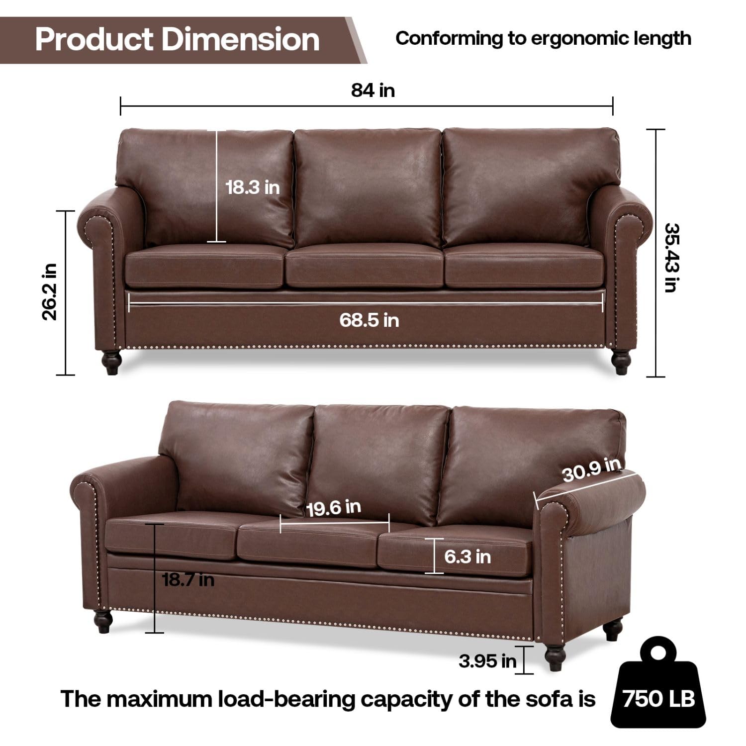 TINGMAMADEHUA Modern Brown Faux Leather Sofa β 3-Seater Couch for Living Room, Comfy Upholstered Design with Tufted Detachable Back Cushions, Traditional Rolled Arms, and Nailhead Trim β Easy Assembly