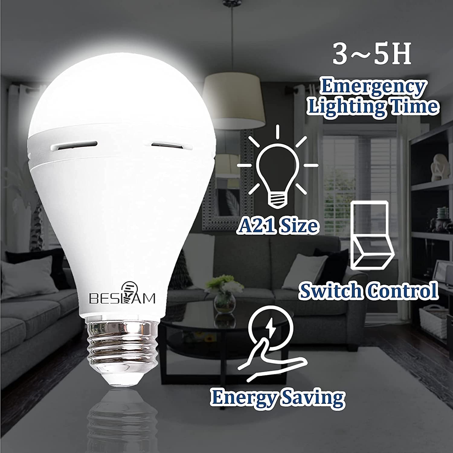BESLAM Rechargeable Emergency LED Bulb with Battery Backup, Self-Charging Camping Light Bulbs for Power Outage Hurricane 60W Equivalent(8W), Daylight 5000K, 850 Lumens, E26, 2 Pack with Hook