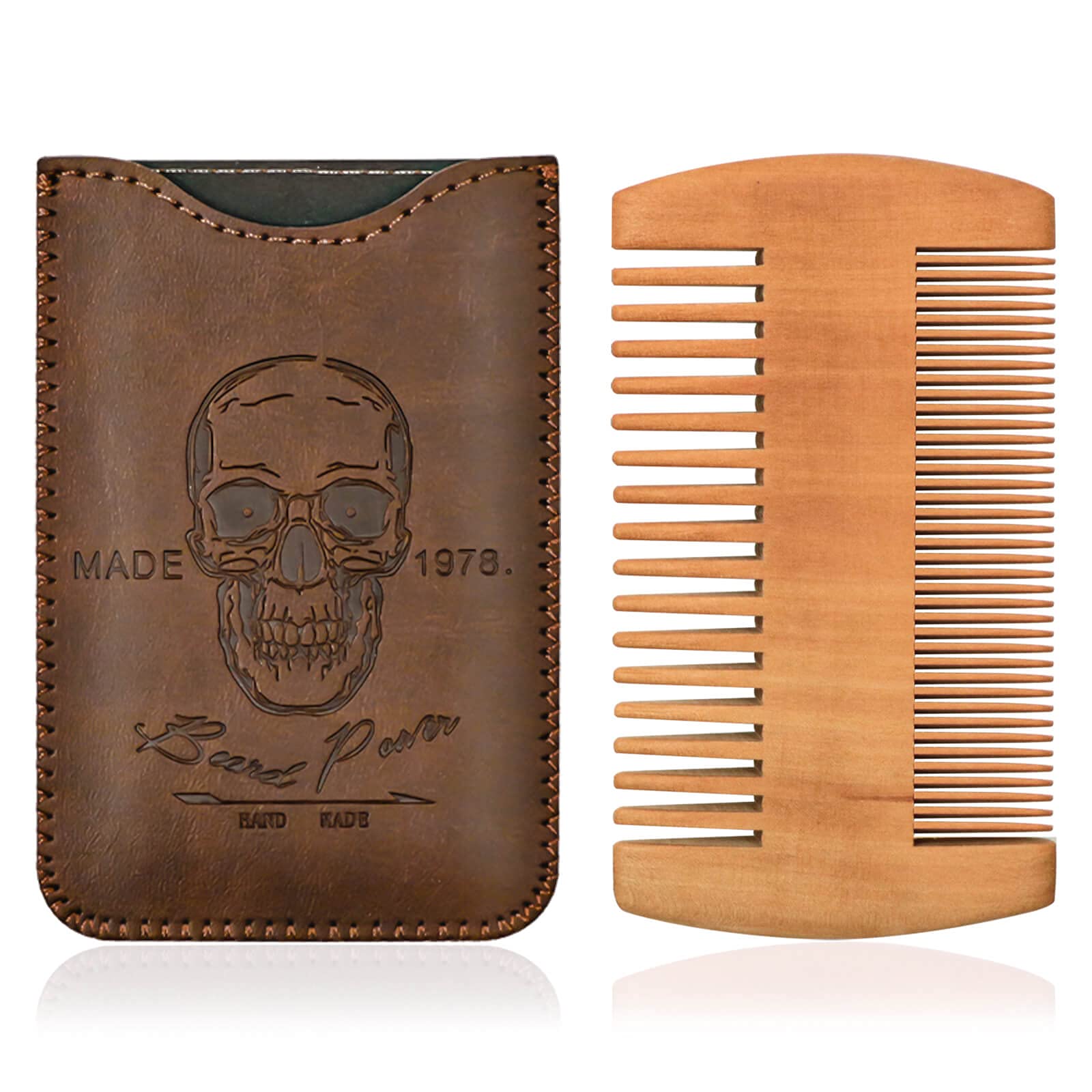 Beard Power Wooden Beard Comb & Durable Case for Men with Sexy Beard, Fine & Coarse Teeth, Pocket Comb for Beards & Mustaches,Brown Skull Design