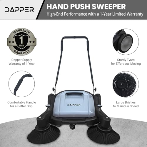 Dapper Supply Walk-Behind Outdoor Hand Push Floor Sweeper - 10.5 Gallon Capacity - 36" Sweeping Width - Sweeps up to 39,500 ft² / Hour, Grey
