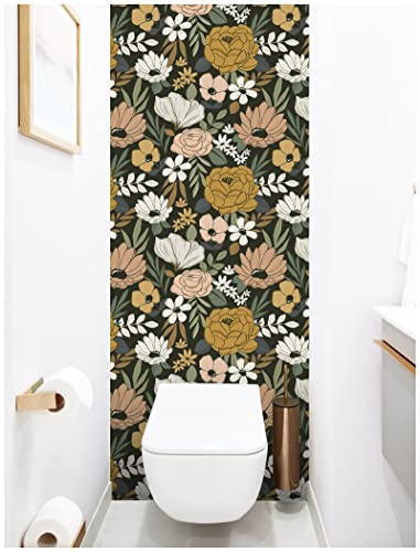 HAOKHOME 93217 Vintage Large Floral Peel and Stick Wallpaper Removable Daisy Leaf Black/Sand/Oliva Vinyl Self Adhesive Mural 17.7in x 9.8ft