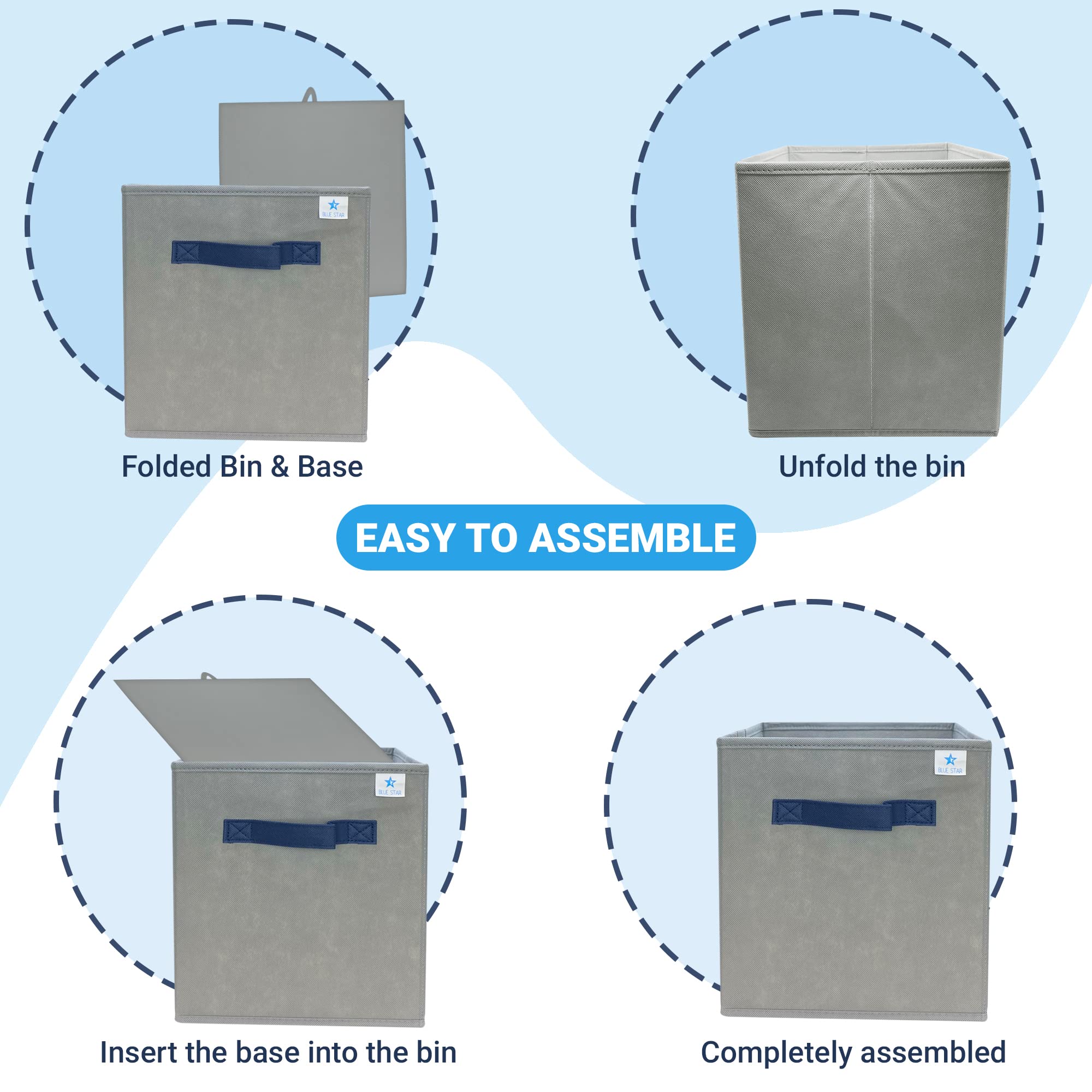Blue Star Collapsible cube storage organizer, Fabric storage Bins, Set of 6, cubby storage bins for shelves, Foldable, for Clothes, Gray with Blue Handle, cube storage bin