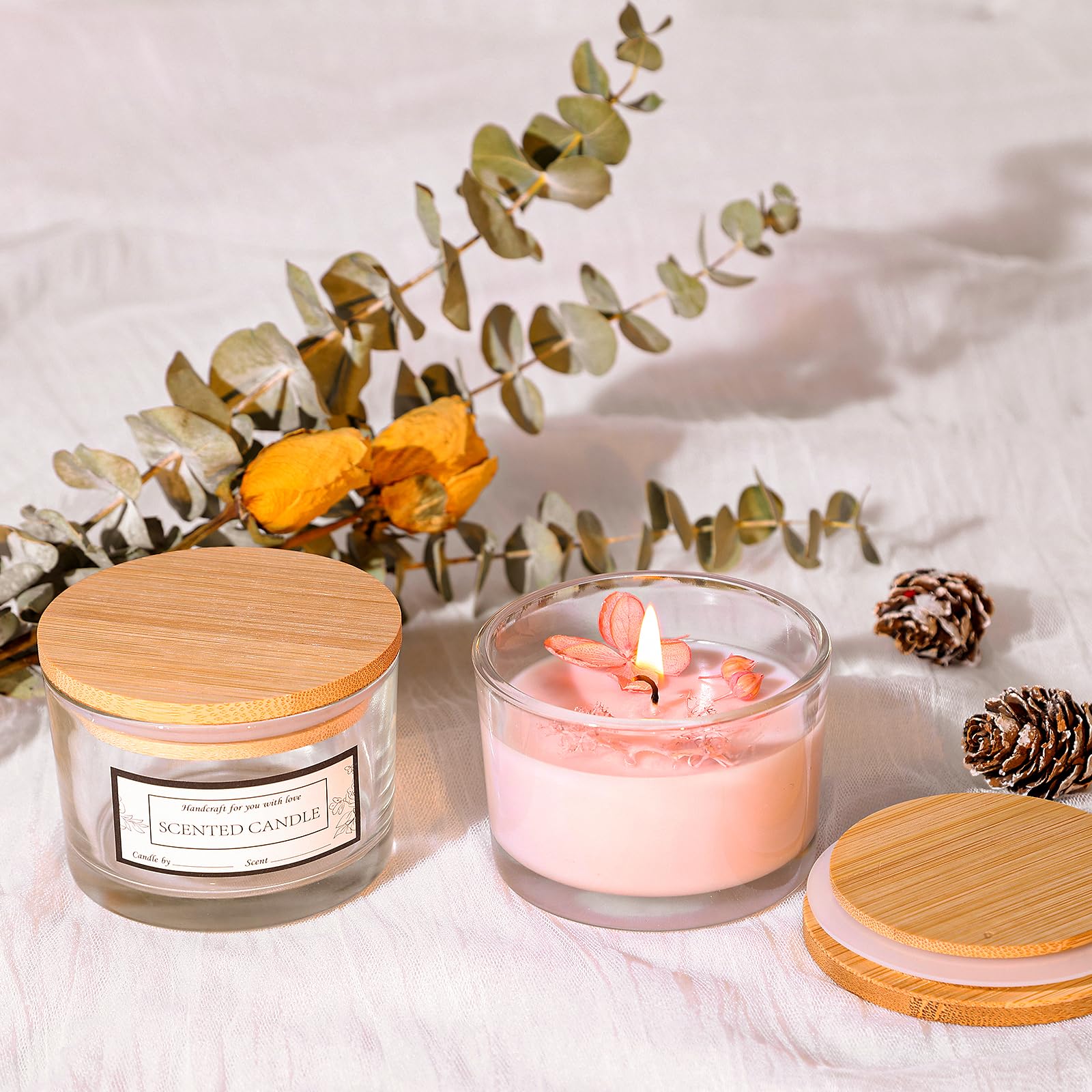 CONNOO 15 Pack 4 OZ Clear Glass Candle Jars with Airtight Bamboo Lids for Making Candles, Bulk Small Wide Mouth Empty Candle Containers with Sticky Warning Labels - Dishwasher Safe