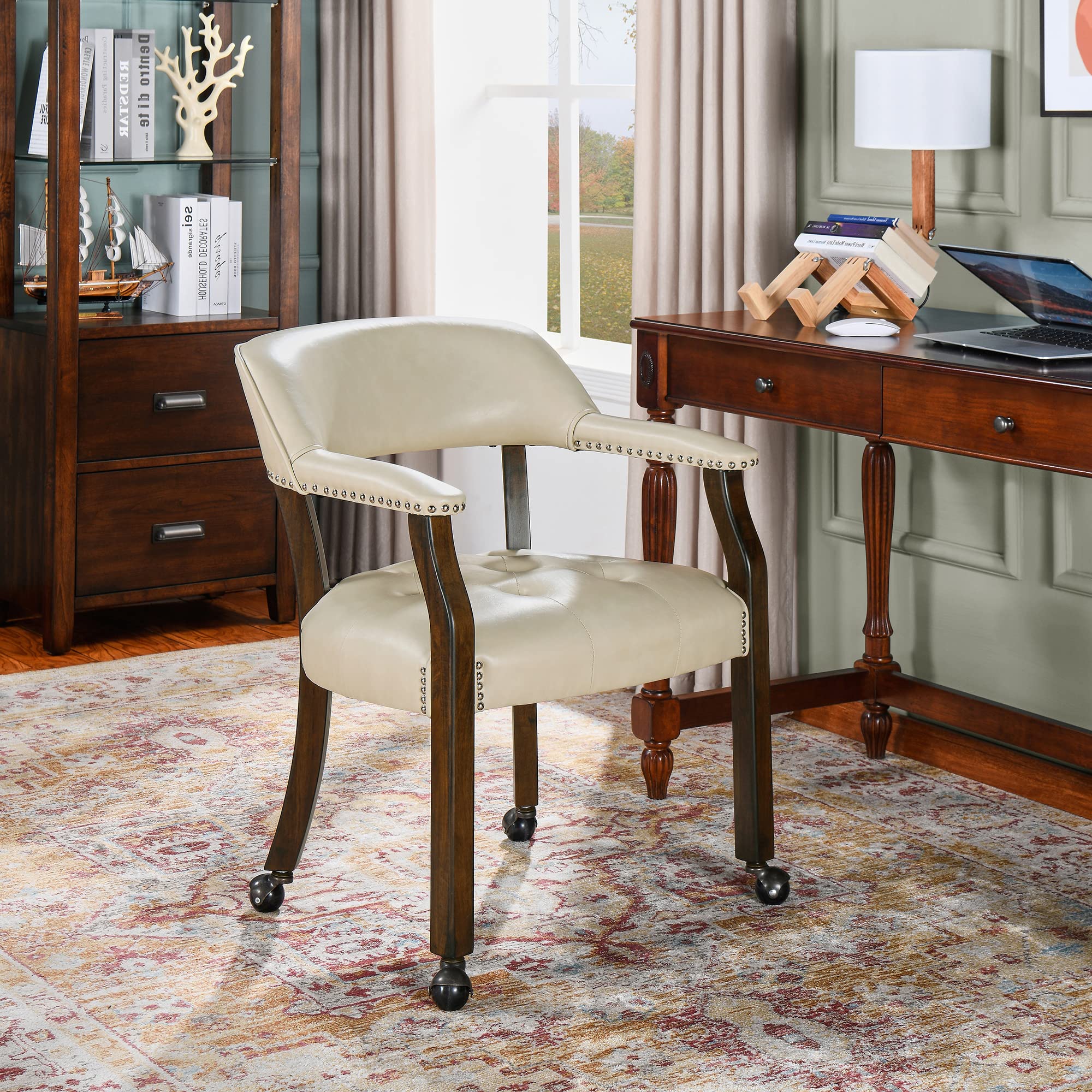 Large Dining Chairs with Wheels and Arm , Caster Boss Caption's Chairs with Solid Wood Leg, Office Desk Chairs with Button Upholstered, Classic Swivel Chair, 31.5”H Brown Leg & Beige XXY1910BG