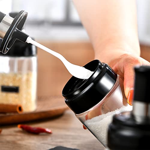 Kitchen Clear glass Spice Jars Seasonning Box Set of 4 with Spoons, Seasoning Containers Bottles with Black Cap,10oz for Home and Kitchen (4)