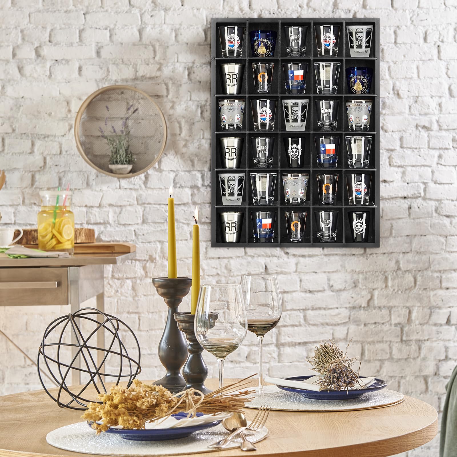 DARCKLE Shot Glass Display Case for Wall, Wood Holds Set of 30 Glasses Shot Glass Holder Display Shelf, 17'' x 12''-3'' x 2'' (Black, 1PCS)