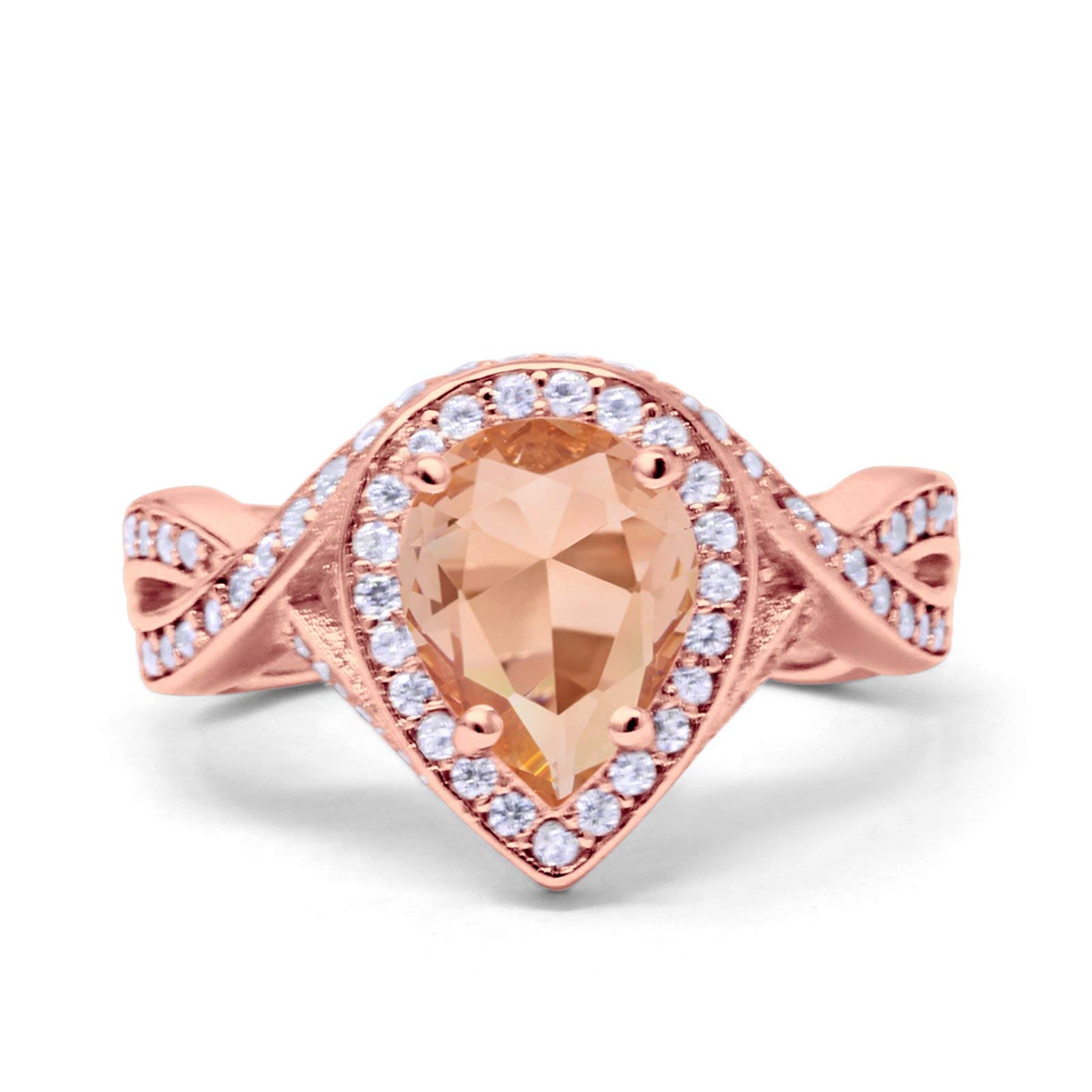 Blue Apple Co. Teardrop Engagement Bridal Ring Halo Infinity Twist Shank Pear Round Rose Tone Simulated Morganite Cubic Zirconia 925 Sterling Silver Size-7