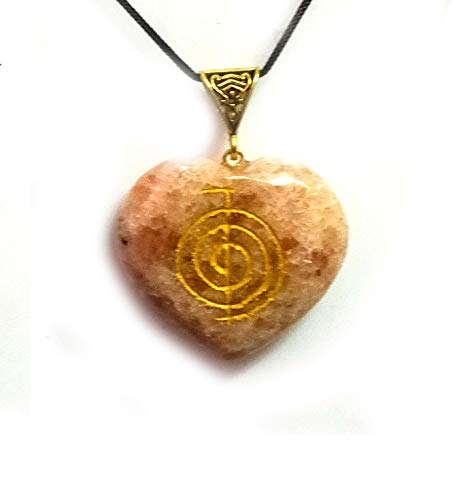 ASTROGHAR Natural Sun Stone cho ku rei Symbol Engraved Heart Shape Pendant for Men and Women