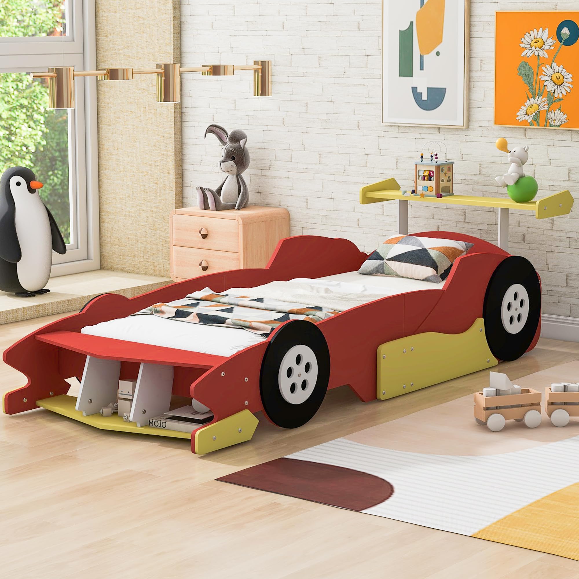 Linique Twin Size Race Car-Shaped Platform Bed with Wheels and Storage, Wood Twin Bed Frame No Box Spring Required, Red