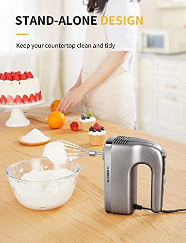 SHARDOR Hand Mixer, 350W Handheld Mixer with Storage Case 5-Speed Plus Turbo Hand Mixer Electric With 5 Stainless Steel Attachments(2 Beaters, 2 Dough Hooks and 1 Whisk), Silver