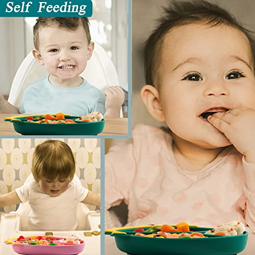 KAVONOI Baby Feeding Set,Silicone Suction Plate Dinosaur Shape SelfFeeding Adjustable Bib, Suction Plate for Baby Toddler with Spoon Fork Adjustable Bib Set -Blue Dinosaurs