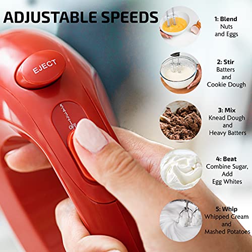 OVENTE Portable 5 Speed Mixing Electric Hand Mixer with Stainless Steel Whisk Beater Attachments & Snap Storage Case, Compact Lightweight 150 Watt Powerful Blender for Baking & Cooking, Red HM151R