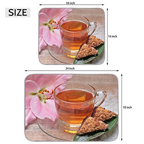 Lilies Tea Kitchen Drying Mat 18 x 24 Inch - Reversible Super Absorbent Fiber Dish Drying Pad with Non-Slip Backing for Countertop Tea Coffee Bar Accessories