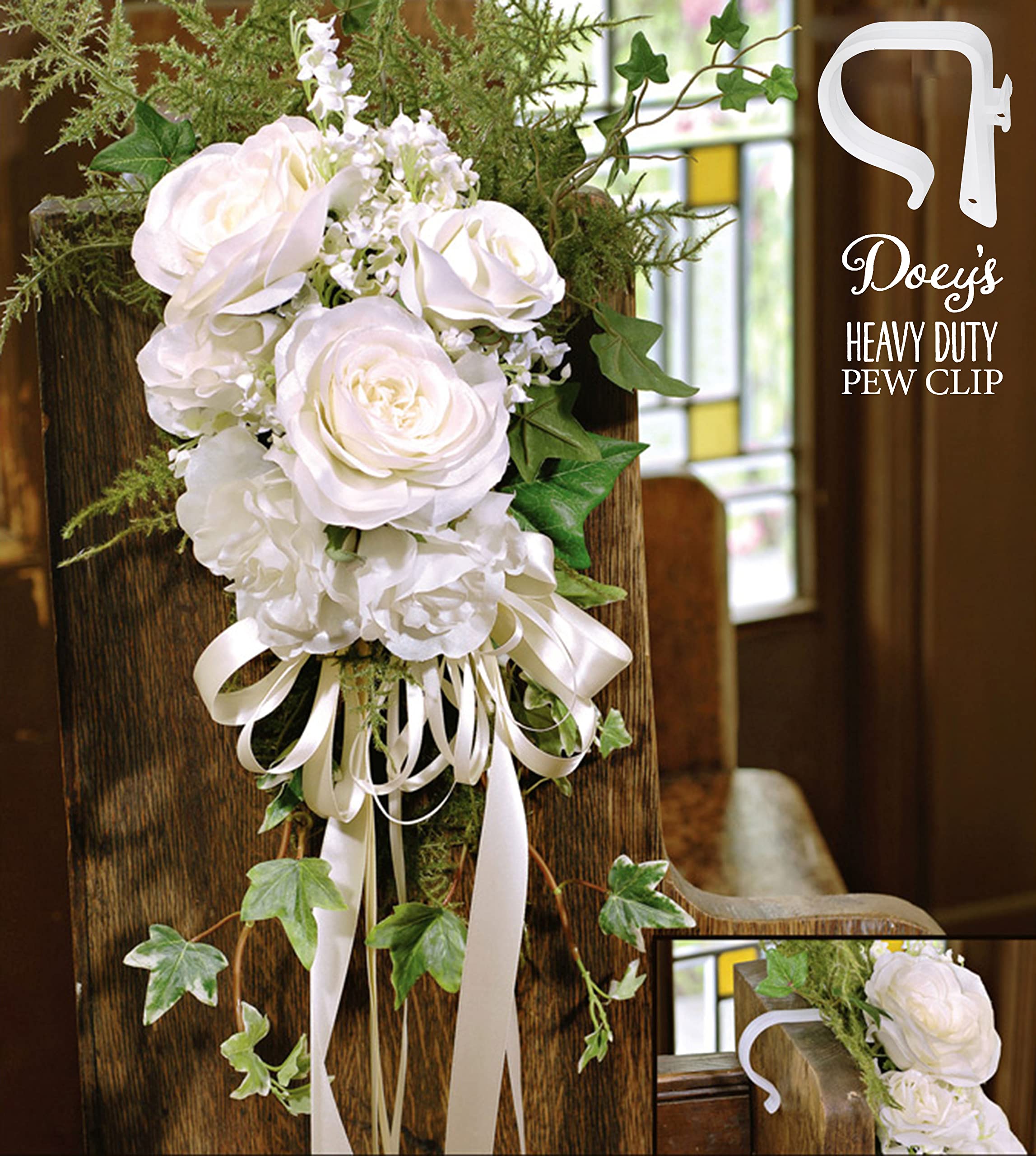 Doey's Heavy Duty Pew Clips for Weddings (12-Pack) Dependable Flexible Hook for Church Ceremony Aisle Decorations - Secure Bows, Flowers, Signs, Garland to Pew Ends, Bench Seats, Chairs (Made in USA)