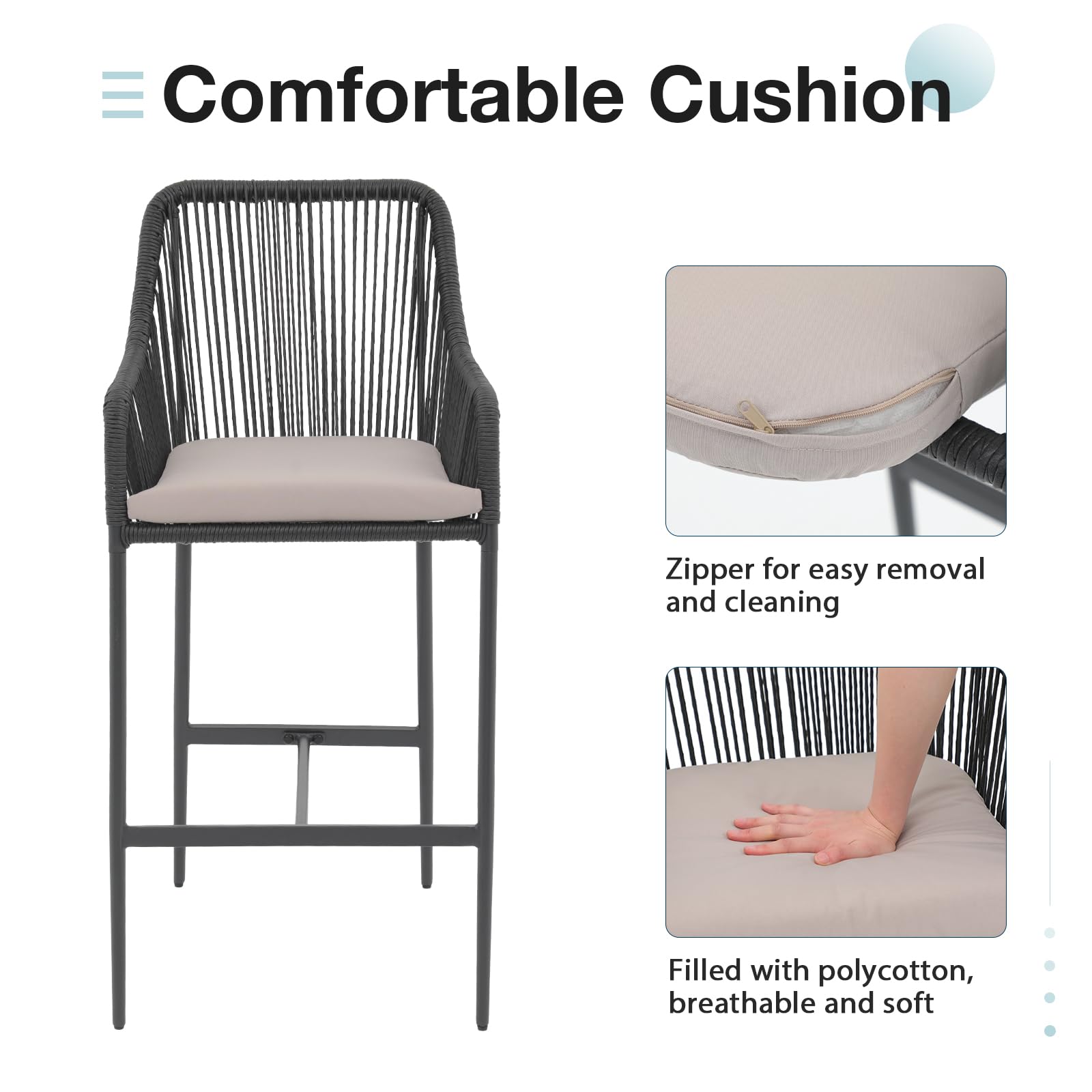 COBANA Outdoor Bar Stools Set of 2, Bar Height Patio Chairs with High Back, Footrest and Armrest, Beige