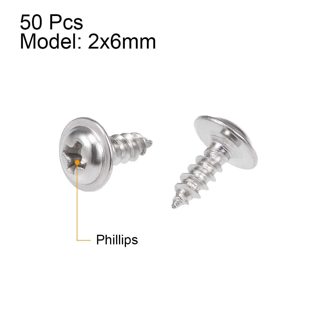 uxcell 2x6mm Self Tapping Screws Phillips Pan Head with Washer Screw 304 Stainless Steel Fasteners Bolts 50Pcs