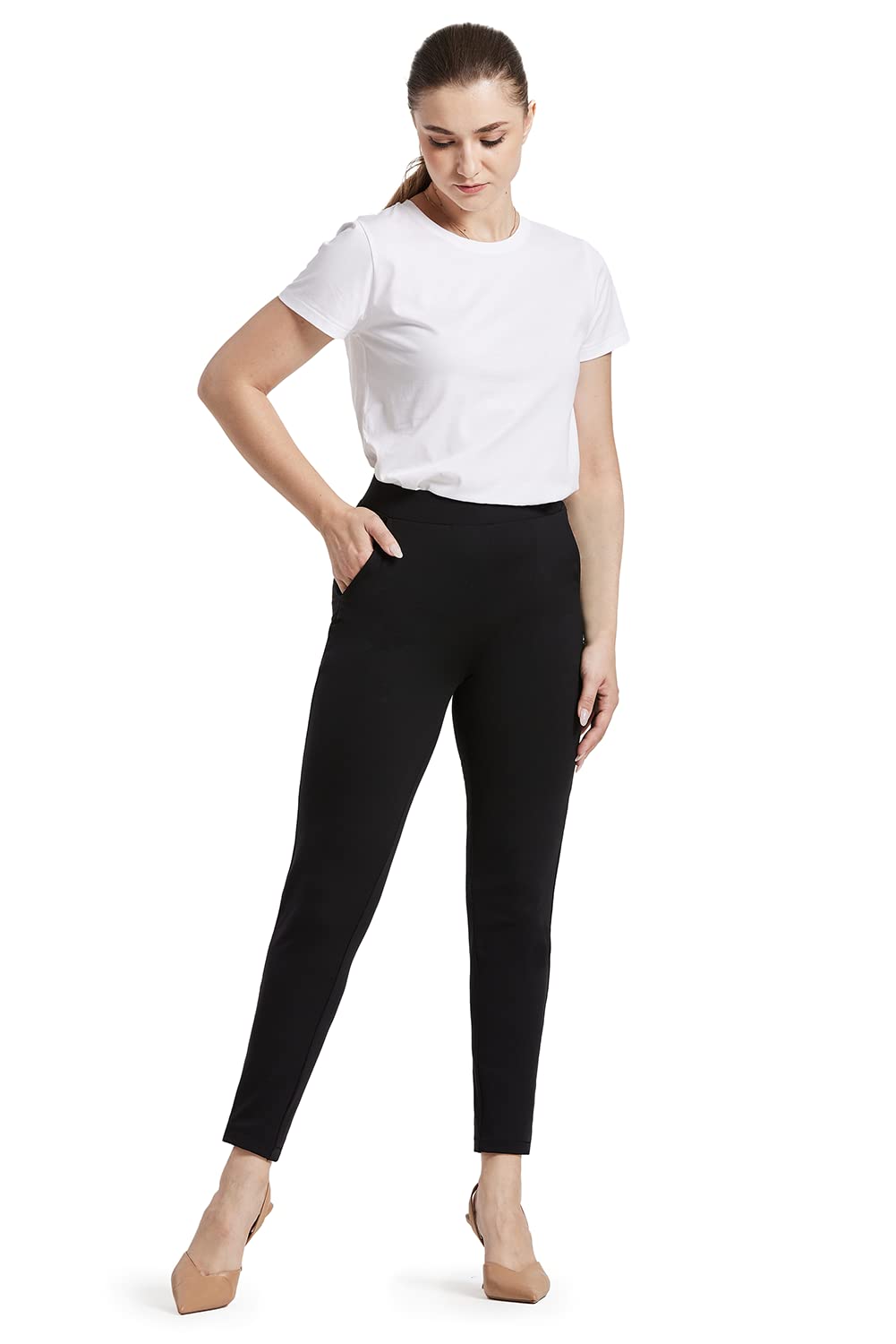 Balleay Art Women's Yoga Dress Pants Pull On Stretch Slacks Skinny Leg Pant Casual Work with Pockets (Black, XX-Large)