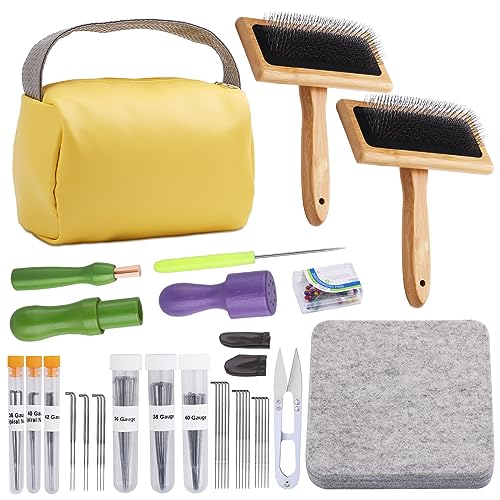 kdafio 74 Needle Felting Tools, Needle Felting Kit with Hand Carders Wooden Wool Carders Needle Felting with Wool Needle Leather Finger Protector for DIY Felting Wool Projects