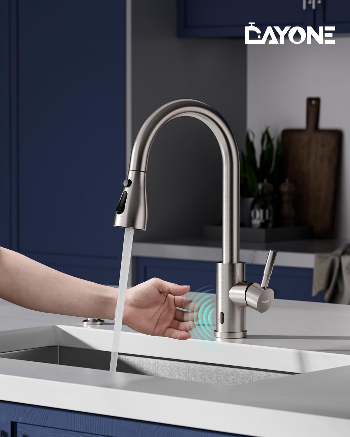 DAYONE Touchless Kitchen Sink Faucet with Soap Dispenser and Pull Down Sprayer, Stainless Steel High Arc Motion Sensor Touch Faucet for Kitchen Sink Smart Hands-Free Single Handle, Brushed Nickel