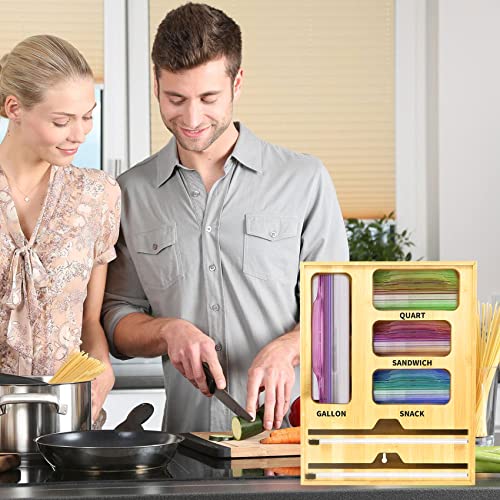 Klokliv Bamboo Ziplock Bag Storage Organizer with Sliding Lid,Foil and Plastic Wrap Organizer, Bamboo Aluminum Foil Dispenser With Cutter, 6 In 1 Sandwich Bag Organizer