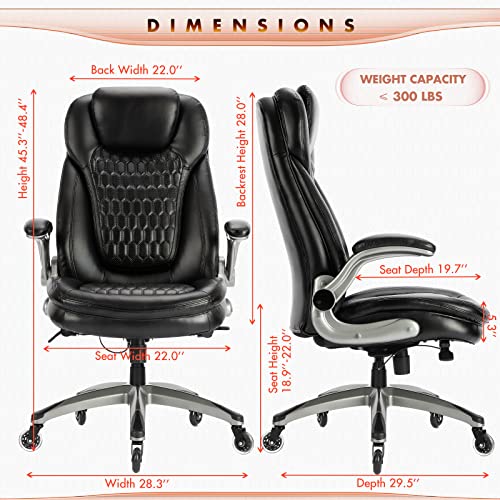 COLAMY 6686 Ergonomic Home High Back Executive Computer Desk Padded Flip-up Arms, Thick Bonded Soft Leather, Modern Office Chair with Upgraded Casters for Swivel Rolling (Black, 300lbs)