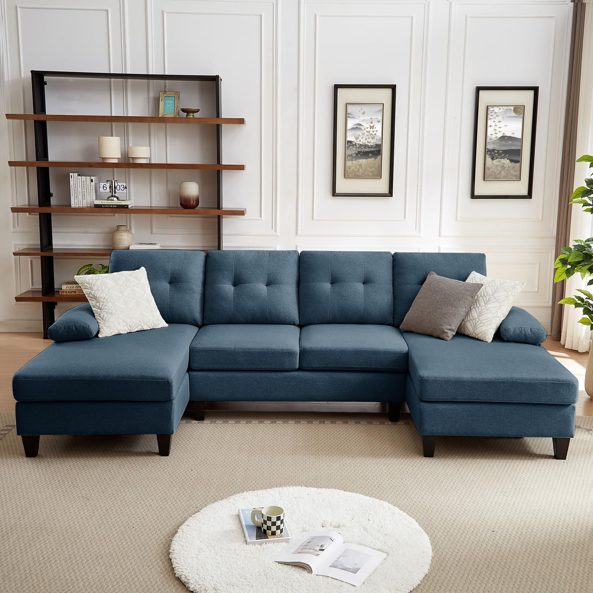 Chireca 111" Sectional Couch for Living Room, Modern Polyester Fibre U Shaped Sofa Couches with Double Chaise, Upholstered 4 Seater Sofa for Living Room, Apartment, Office, Dark Green