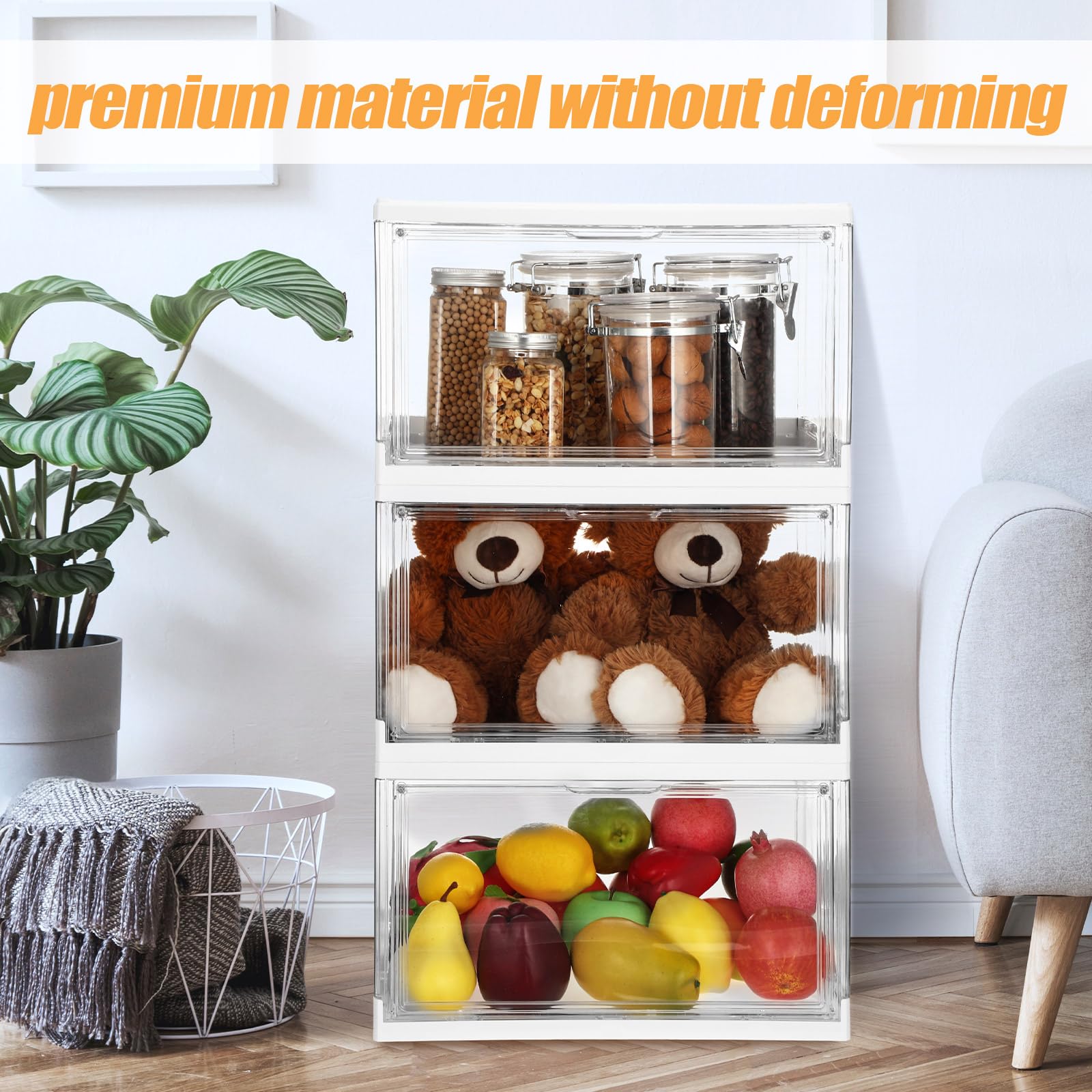 CroBlissful 3 Pcs 15 x 11 x 8.8 Inches Clear Stackable Storage Bins with Lids Collapsible Plastic Closet Organizer Foldable Closet Containers for Office Garage Clothes Living Room Bedroom