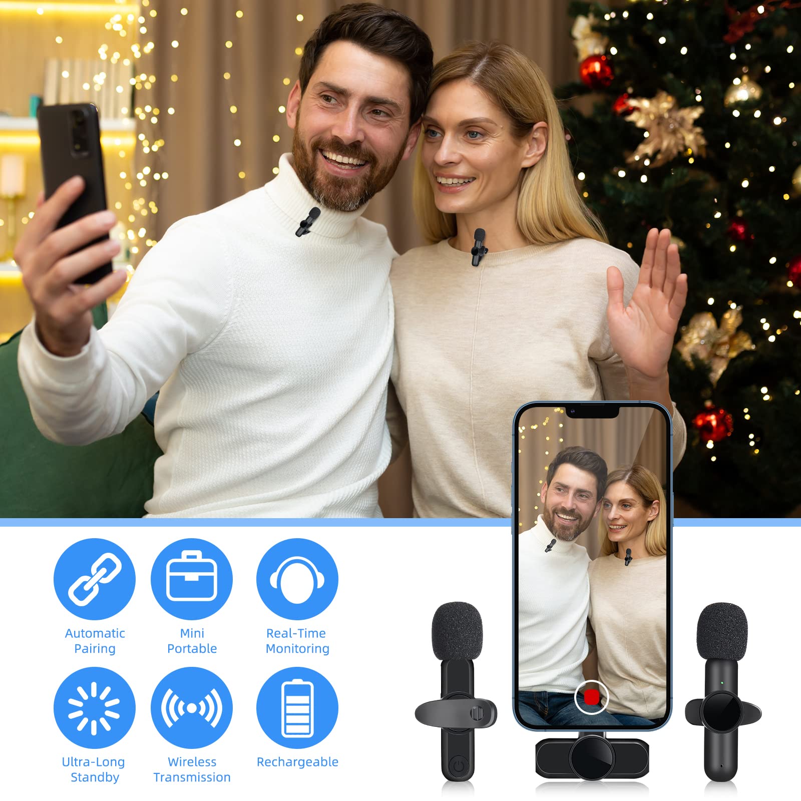 BAKAH Wireless Lavalier Microphone Fit for iPhone iPad, Lapel Microphone Wireless, 2 Clip on Microphones for Phone Video Recording, Interview, Vlog, YouTube, TikTok