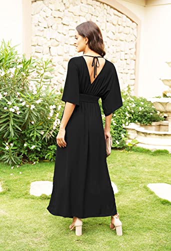 Meenew Women's Deep V Neck Summer Maxi Dress Flowy Long Beach Dress Black S
