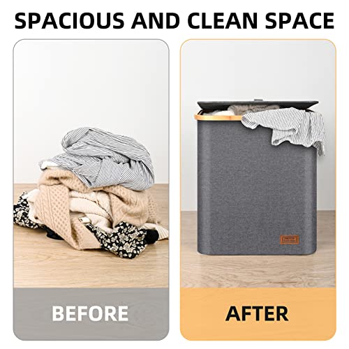 KMIGRUAN 85L Laundry Hamper with Lid, Bamboo Laundry Hamper with Handle, Grey Clothes Hamper for Bedroom, Bathroom and Closet Storage of Clothes and Towels
