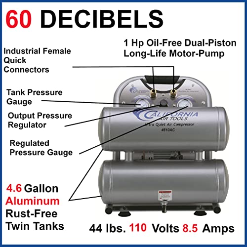California Air Tools CAT-4610AC Ultra Quiet & Oil-Free 1.0 hp 4.6 gallon Aluminum Twin Tank Electric Portable Air Compressor, Silver