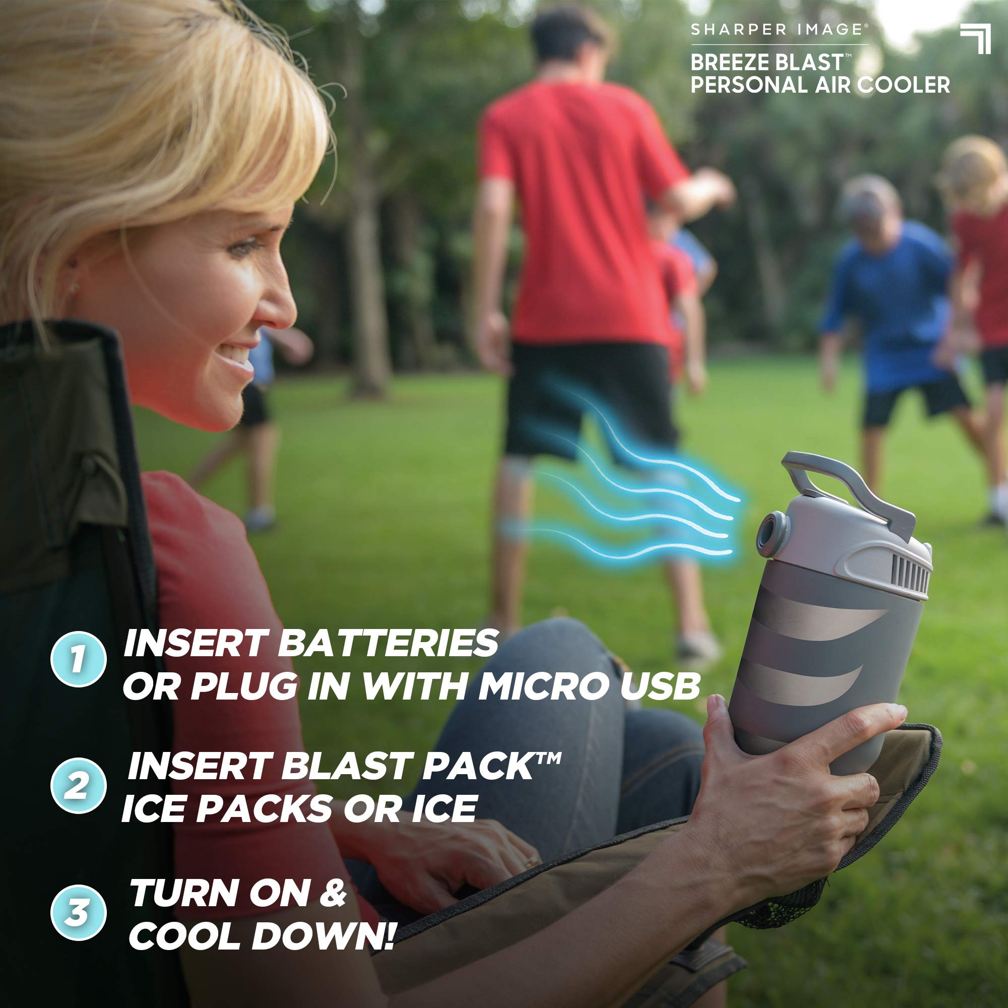 Breeze Blast by Sharper Image Personal Air Cooler, Portable, Rechargeable, Use Indoor/Outdoor, Includes- Unit, 3 Blast Pack Ice Packs- Grey