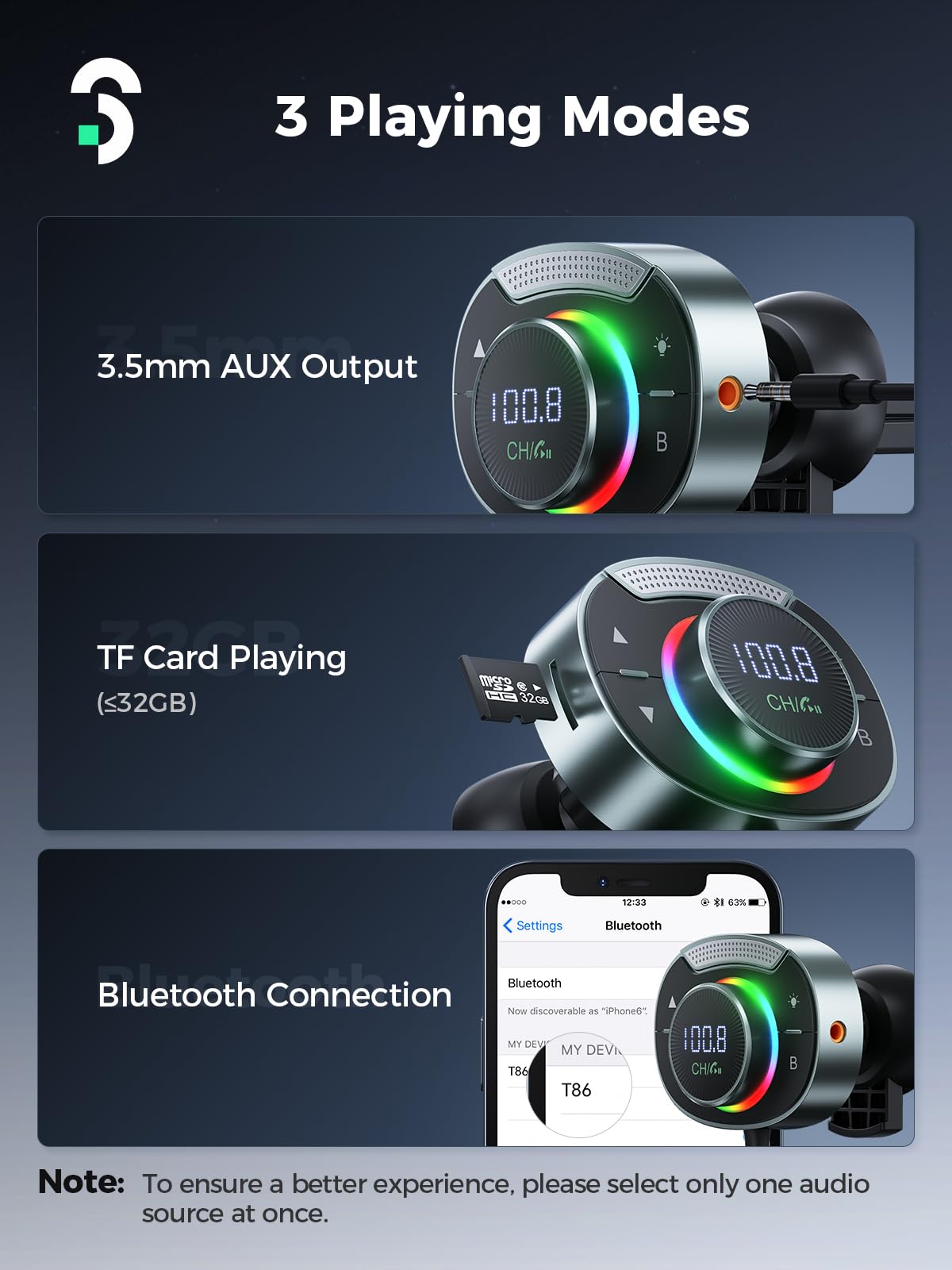 Bluetooth 5.3 FM Transmitter for Car - SOOMFON Bluetooth Car Adapter with Big Mic Bass Stereo Hi-Fi Sound, PD30W QC18W FM Bluetooth Transmitter Car Charger Support Hands-Free Calls, Aux Out, TF Card