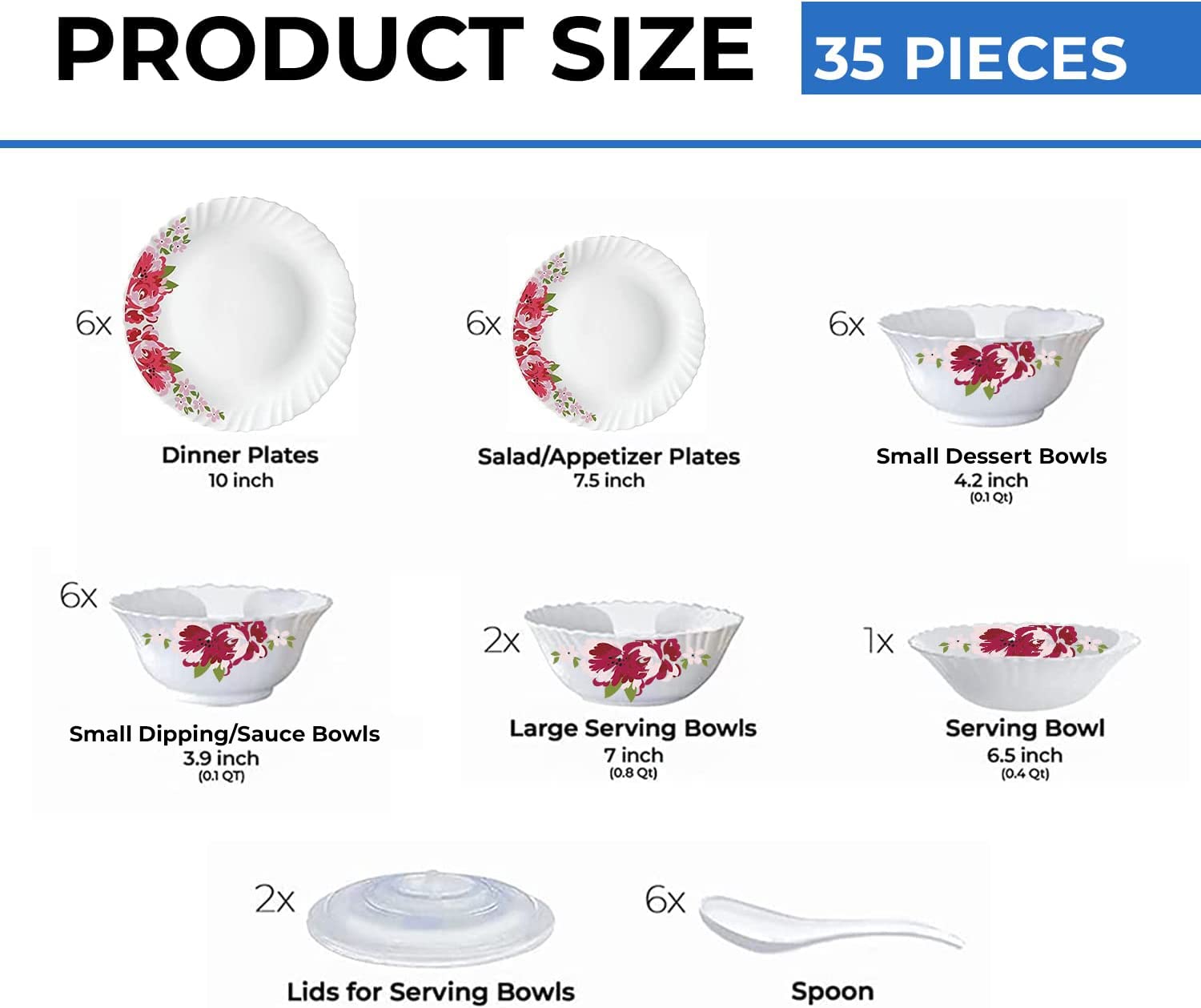 Borosil Gourmet Dinnerware Set For 6, 35 Pieces, White Dinner Plates and Bowls , Chip Resistant Tempered Opal Glass, Stain Resistant, Dishwasher & Microwave Safe Dinner Set For Gifting, Serves 6