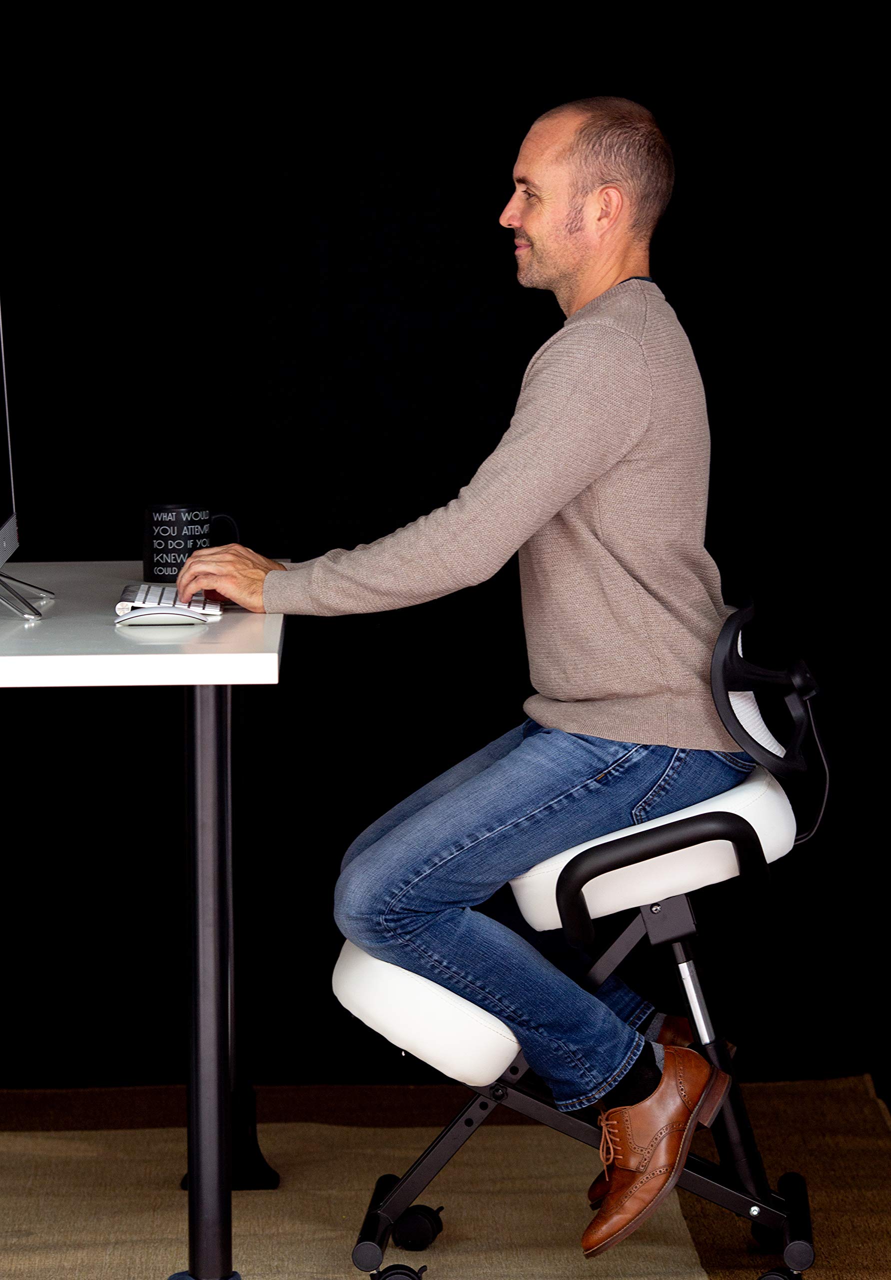 Beautiful Ergonomic Kneeling Chair with Thick Leather Cushions, Pneumatic Height Adjustment, Back Support, Side Handles, Back Pain Relief, Work from Home & Office, Stork [Updated August 2021]