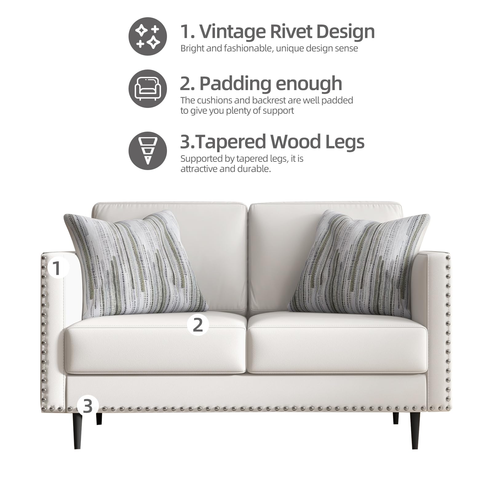 EBELLO Modern Loveseat Sofa Living Room, Upholstered 2-seat Leather Sofa Couch, Rivet Design, Wood Frame and Sturdy Legs Small Sofa for Small Space, Bedroom Office, White