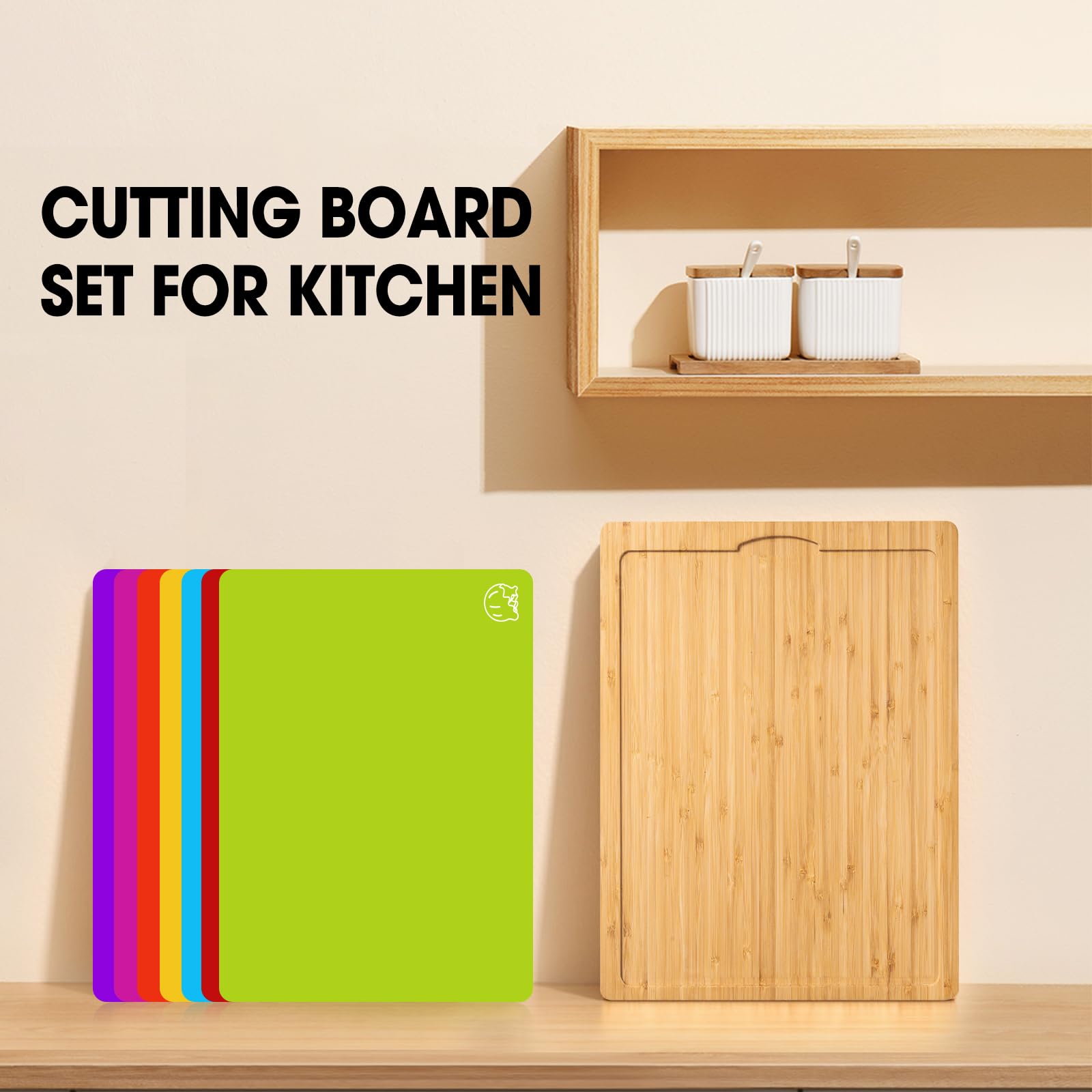 Bamboo Wood Cutting Board Set with 7 Flexible Cutting Mats with Food Icons, Easy to Clean Cutting Boards for Kitchen