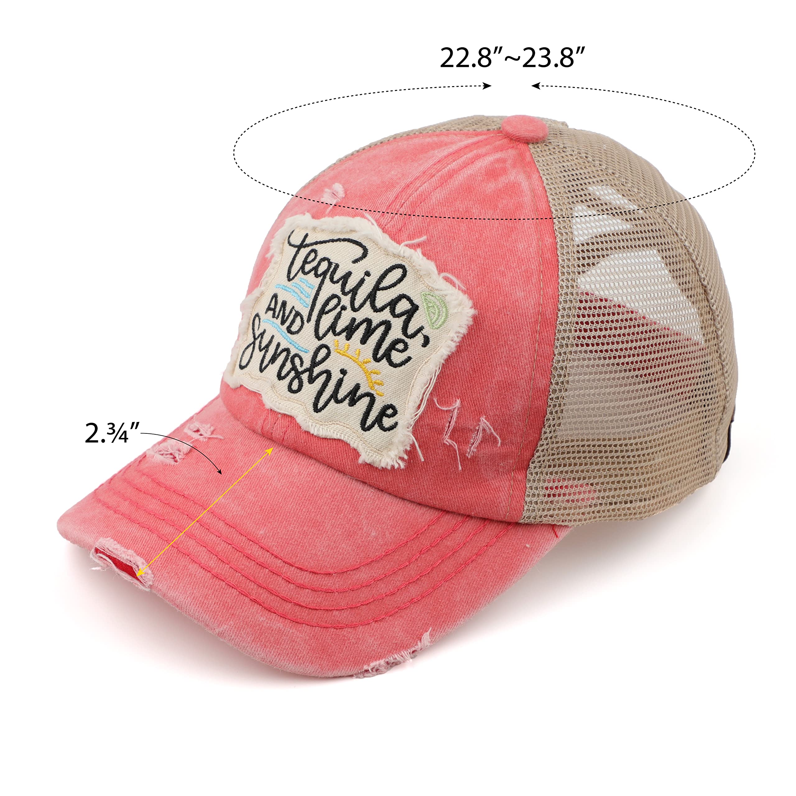 C.C Exclusives Washed Distressed Embroidered Patch Cotton Denim Criss-Cross Ponytail Hat Adjustable Baseball Cap (BT-1003) (A Elastic Band-Tequila Coral)