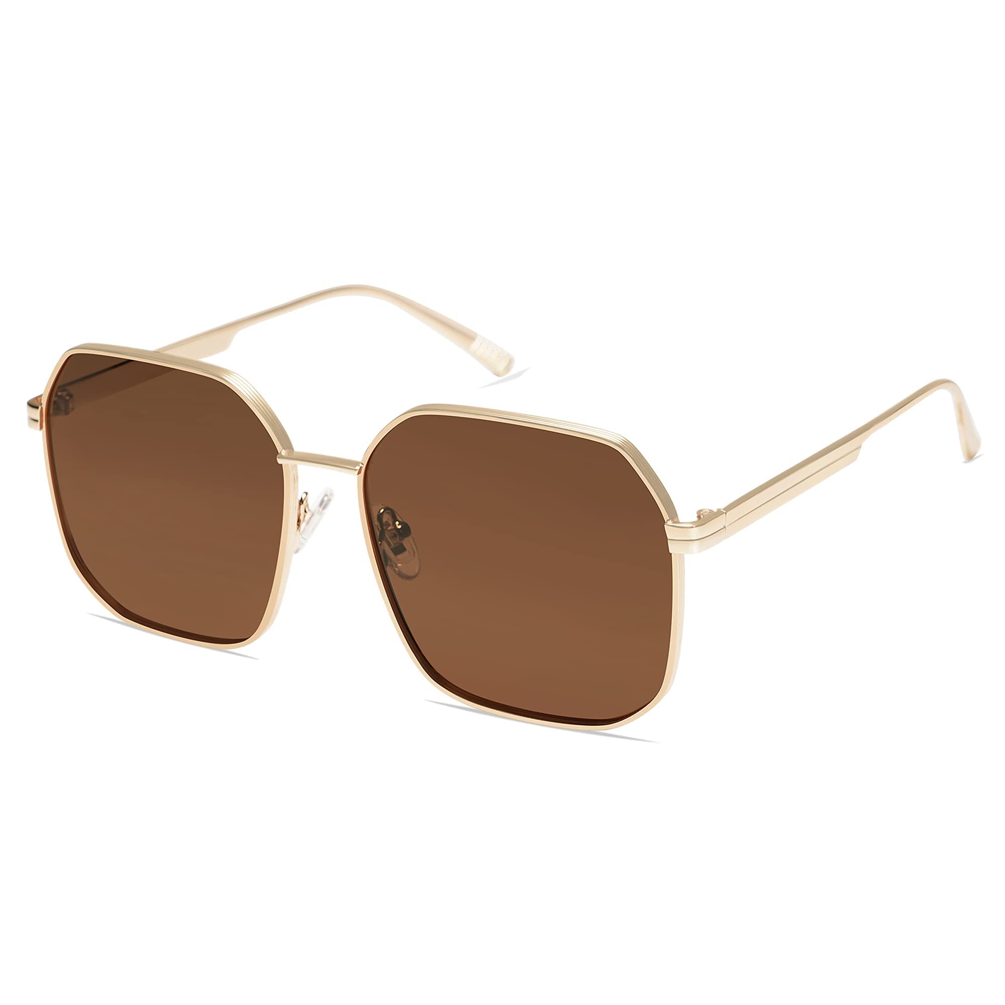 SOJOS Retro Square Polarized Sunglasses for Women Vintage Square Shades UV400 Large Metal Frame SJ1166 with Gold/Brown Lens