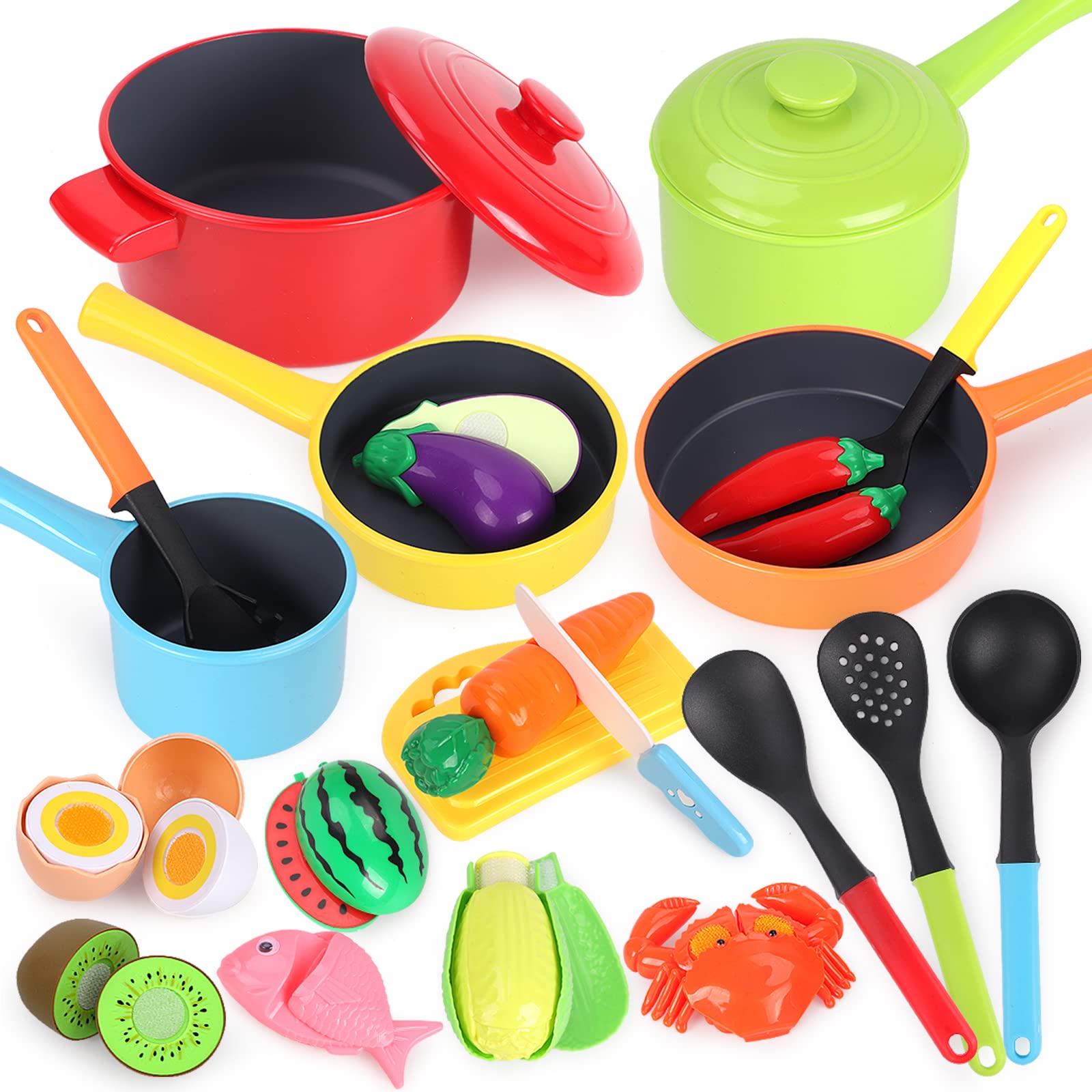 GILOBABY Play Kitchen Accessories, Play Food Sets for Kids Kitchen Playset with Pots and Pans Set, Cooking Utensils, Preschool Learning Education Toys for Toddlers, Birthday Gifts for Girls (Red)