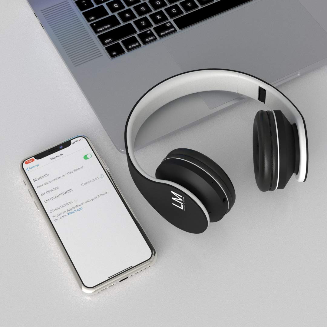 Bluetooth Headphones, Louise&Mann Wireless Headphones Over-Ear, Stereo Headset with Microphone, Soft Earmuffs, Bag for Transport for Phones/Tablets/PC (Black/Silver)