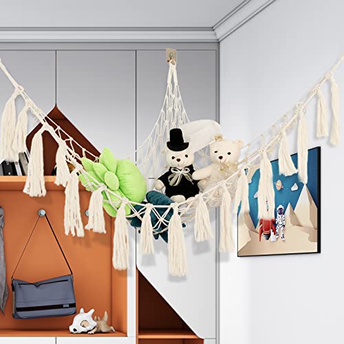 YELIENM Stuffed Animals Net or Hammock with LED Light, 59 inch Toy Hammock Net for Stuffed Animals Corner Hanging Stuffed Animal Storage Stuffed Animal Holder for Nursery Kids Bedroom (White)…