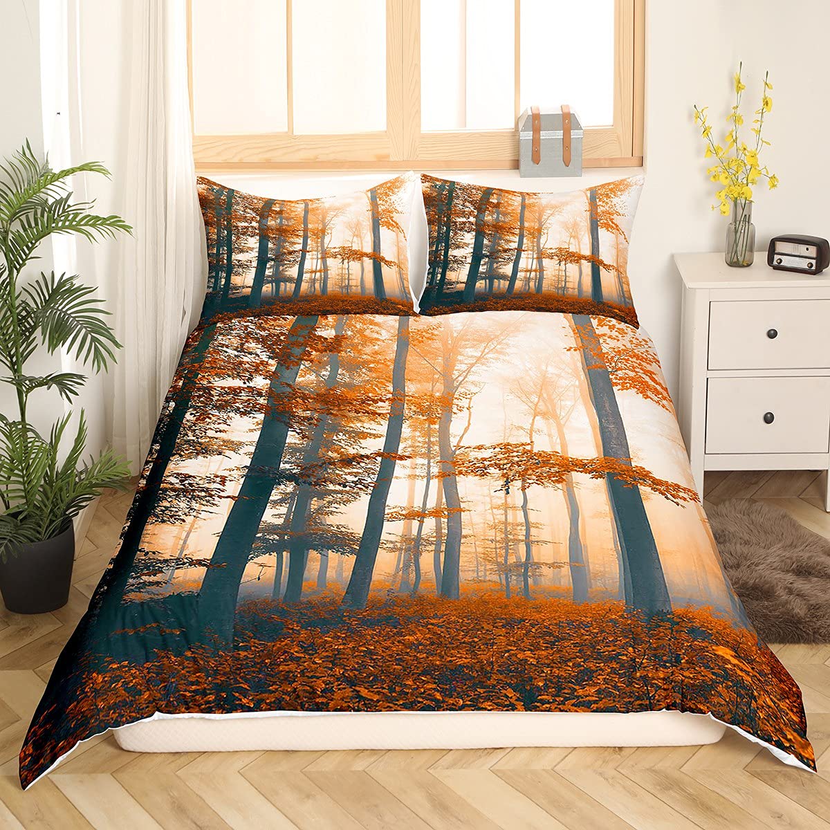 Erosebridal Tree Lush Bedding Set Dense Birch Trees with Red Leaves Duvet Cover Jungle Nature Botanical Print Comforter Cover, Mystical Under Heavy Fog Tall Trees Bed Set, Orange Brown Queen Size
