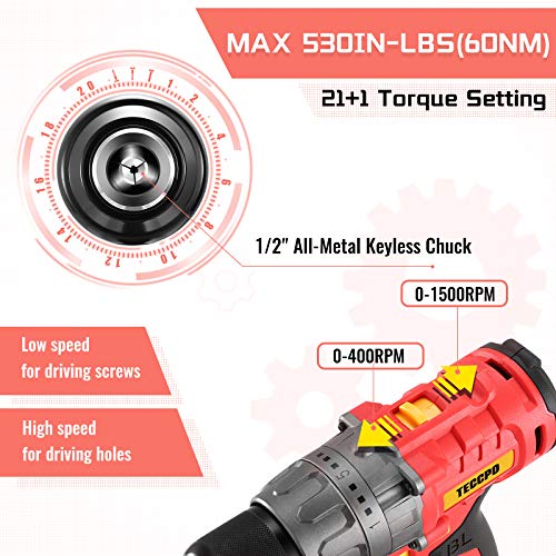 Cordless Drill Set, 20V Brushless Drill Driver, 2x 2.0Ah Li-ion Batteries, 530 In-lbs Torque, 1/2β All-metal Chuck, 21+1 Torque Settings, 0-1500RPM Variable Speed, 33pcs Accessories with Case