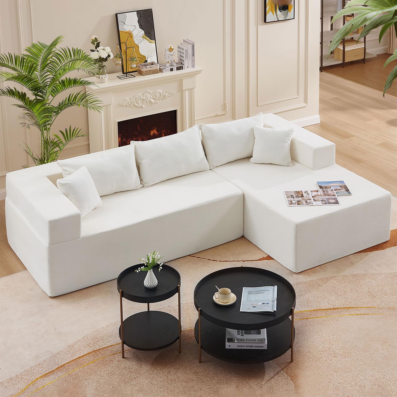 Cirui L-Shaped Sectional Sofa Furniture Set for Living Room Large Modern Comfy Deep Sherpa Luxury Cloud 2 PC 3 Seat Couch Free Combination Minimalist Modular Sleeper Sofa for Bedroom,White